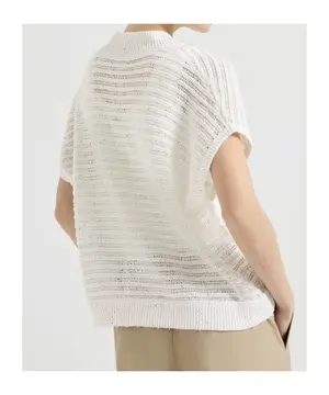 Brunello Cucinelli Linen Diamond Yarn Cardigan With Openwork Stripes And Shiny Zipper Pull