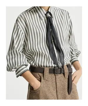 Brunello Cucinelli Striped Silk Poplin Shirt With Virgin Wool Foulard