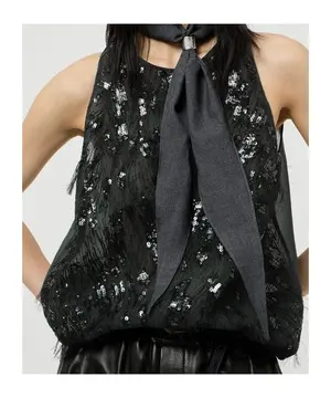 Brunello Cucinelli Crispy Silk Top With Dazzling Lynx Embroidery