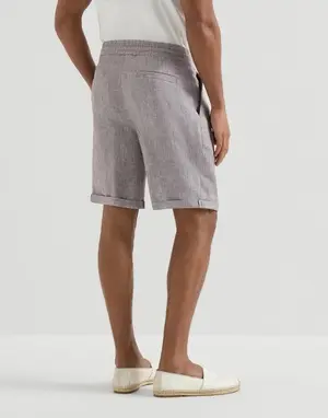 Brunello Cucinelli Linen And Hemp Diagonal Bermuda Shorts With Drawstring And Double Pleats - Light Brown
