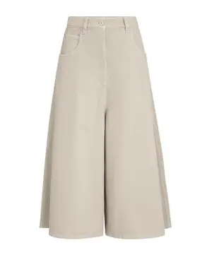 Brunello Cucinelli Dyed Denim Wide Cropped Trousers With Monili - Sand