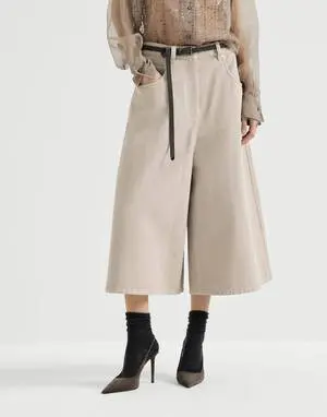 Brunello Cucinelli Dyed Denim Wide Cropped Trousers With Monili