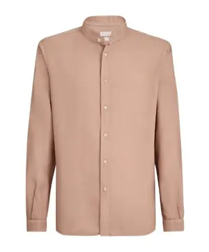 Brunello Cucinelli Garment-dyed Easy Fit Shirt In Cotton And Linen Pinpoint With Mandarin-collar - Earth