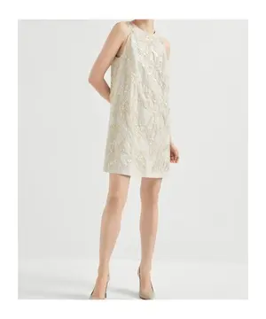 Brunello Cucinelli Techno Cotton Poplin Mini Dress With Dazzling Seabed Embroidery - Nude
