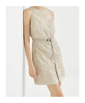 Brunello Cucinelli Techno Cotton Poplin Mini Dress With Dazzling Seabed Embroidery - Nude