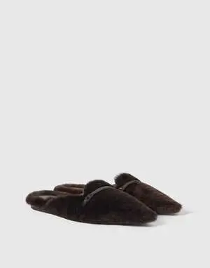 Brunello Cucinelli Shearling Flats With Precious Bar Detail