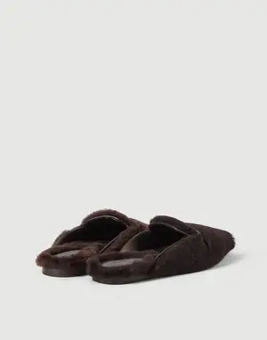Brunello Cucinelli Shearling Flats With Precious Bar Detail