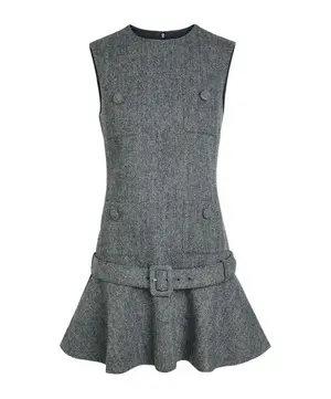SELF-PORTRAIT Herringbone Belted Wool-blend Mini Dress