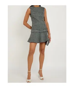 SELF-PORTRAIT Herringbone Belted Wool-blend Mini Dress