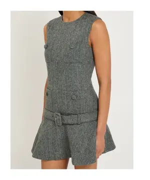 SELF-PORTRAIT Herringbone Belted Wool-blend Mini Dress