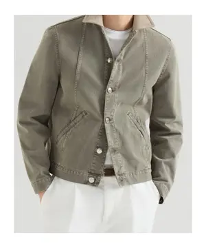Brunello Cucinelli Garment-dyed Denim Jacket With Leather Collar