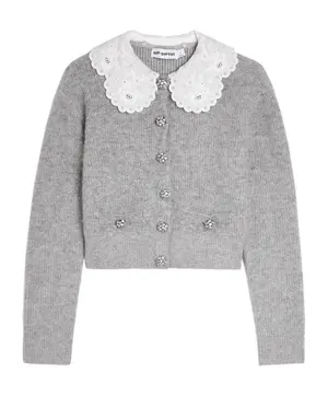 SELF-PORTRAIT Embroidered Collar Embellished Metallic-knit Cardigan