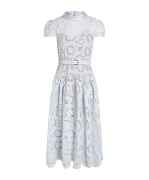 SELF-PORTRAIT Belted Floral Lace Midi Dress - White