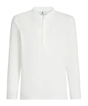 Brunello Cucinelli Linen And Cotton Jersey Long Sleeve T-shirt With Henley Collar - Grey-white