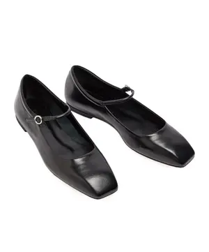 AeydĒ Square Toe Leather Ballet Flats With Ankle Strap - Black