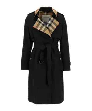 Burberry Long Check Collar Gabardine Trench Coat - Black