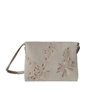 Brunello Cucinelli Duo Pouch Bag In Suede With Dazzling Broderie-anglaise And Monili - Light Gray