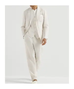 Brunello Cucinelli Linen Micro Chevron Trousers With Drawstrings - White