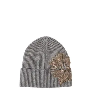 Brunello Cucinelli Cashmere Ribbed Beanie With Whispering Bloom Embroidery - Dark Gray