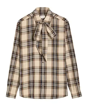 Saint Laurent Checked Tie-neck Cotton-blend Shirt - Nude