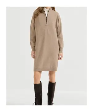 Brunello Cucinelli Virgin Wool, Cashmere And Silk Rib-knit Half-zip Dress