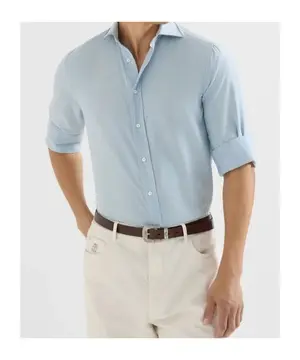 Brunello Cucinelli Cotton And Cashmere Denim-effect Diagonal Shirt With Spread Collar