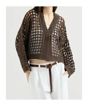 Brunello Cucinelli Jute And Cotton Net Cardigan - Brown