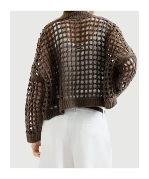 Brunello Cucinelli Jute And Cotton Net Cardigan - Brown