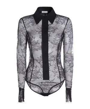 Blumarine Sheer Lace-panelled Shirt Bodysuit - Black
