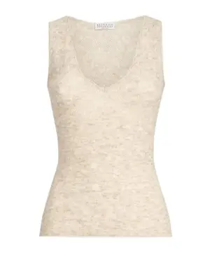 Brunello Cucinelli Silk, Alpaca, And Wool Flower-lace Knit V-neck Top - Sand-colored