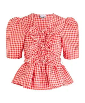 GANNI Plaid Puff Sleeve V-neck Tie Front Cover-up - Pink