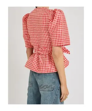 GANNI Plaid Puff Sleeve V-neck Tie Front Cover-up