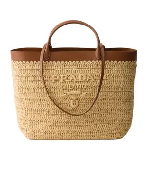Prada Medium Crochet And Leather Tote Bag - Natural/cognac