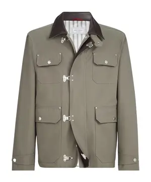 Brunello Cucinelli Water-resistant Techno Cotton Gabardine Jacket With Leather Inserts - Gray