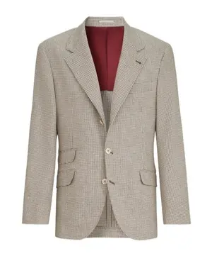 Brunello Cucinelli Wool, Alpaca And Silk Houndstooth Deconstructed Cavallo Blazer - Stone Gray