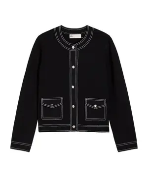 Tory Burch Topstitch Wool Cardigan - Black