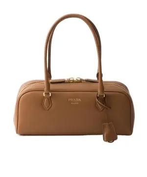 Prada Medium Leather Top-handle Bag With Monogram Detail - Caramel