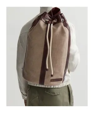 Brunello Cucinelli Water-resistant Canvas And Burnished Calfskin Drawstring Backpack