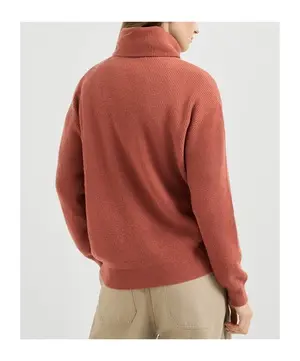 Brunello Cucinelli Cashmere English Rib Turtleneck Sweater With Monili - Refractory Bricks