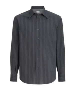 Brunello Cucinelli Double Pinstripe Cotton Overshirt With Italian Collar And Chest Pocket - Dark Gray