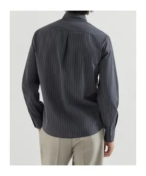 Brunello Cucinelli Double Pinstripe Cotton Overshirt With Italian Collar And Chest Pocket - Dark Gray