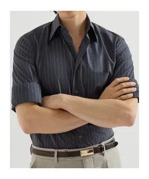 Brunello Cucinelli Double Pinstripe Cotton Overshirt With Italian Collar And Chest Pocket - Dark Gray