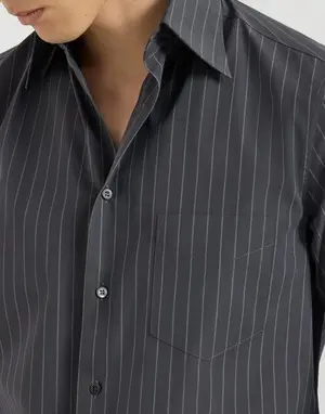 Brunello Cucinelli Double Pinstripe Cotton Overshirt With Italian Collar And Chest Pocket - Dark Gray