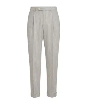 Brunello Cucinelli Virgin Wool And Cashmere Chalk Stripe Flannel Trousers With Pleat - Light Gray