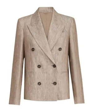 Brunello Cucinelli Linen Denim Double-breasted Blazer With Monili Embellishment