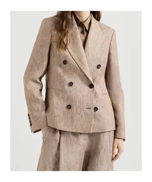 Brunello Cucinelli Linen Denim Double-breasted Blazer With Monili Embellishment