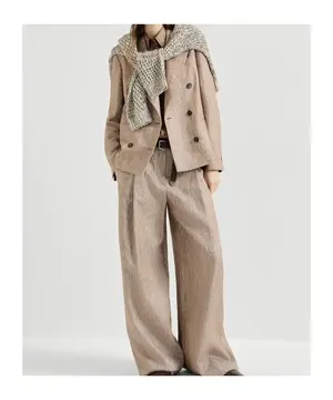Brunello Cucinelli Linen Denim Double-breasted Blazer With Monili Embellishment