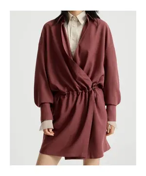 Brunello Cucinelli Virgin Wool Fluid Twill Shirt Dress With Monili - Wine