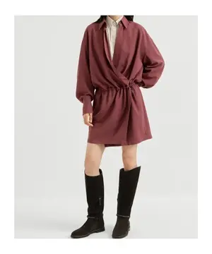 Brunello Cucinelli Virgin Wool Fluid Twill Shirt Dress With Monili - Wine