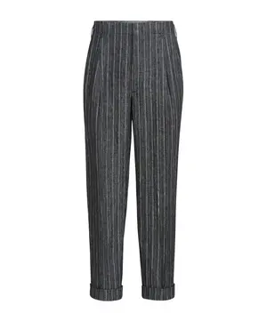 Brunello Cucinelli Linen Chalk Stripe Chevron Trousers With Double Pleats - Dark Gray